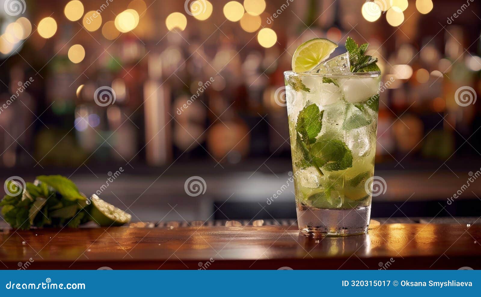 Refreshing Mojito Cocktail on Bar Counter with Bokeh Lights Background ...