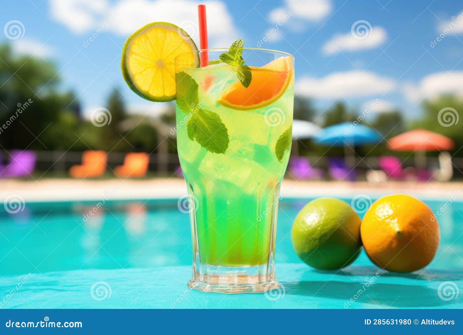 Refreshing Mojito with Pool Floaties in the Background Stock Photo ...