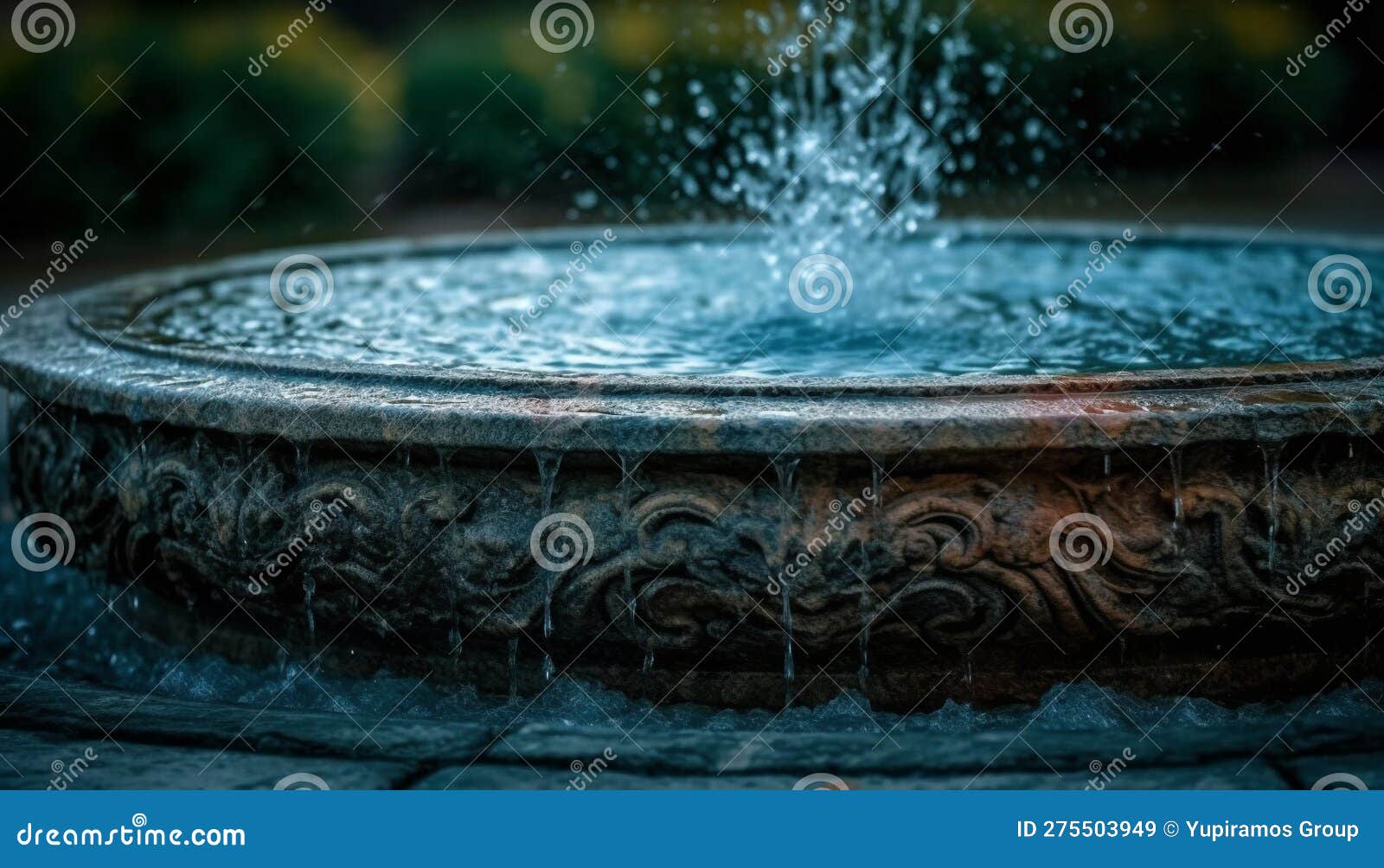 Refreshing Raindrop Splashing in a Metal Fountain Generated by AI Stock ...