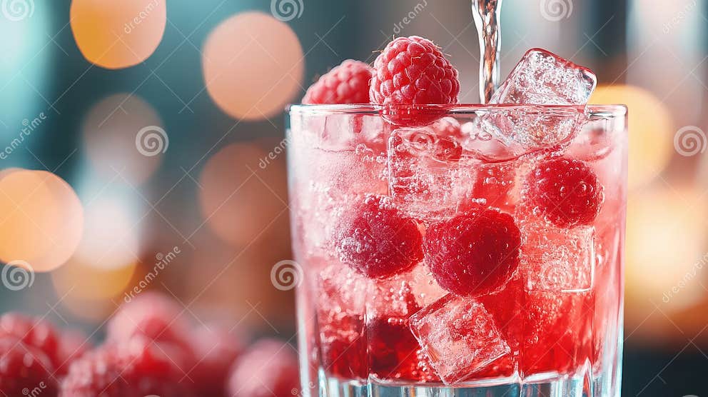 Refreshing Raspberry Cocktail with Ice Cubes and Sparkling Water Stock ...
