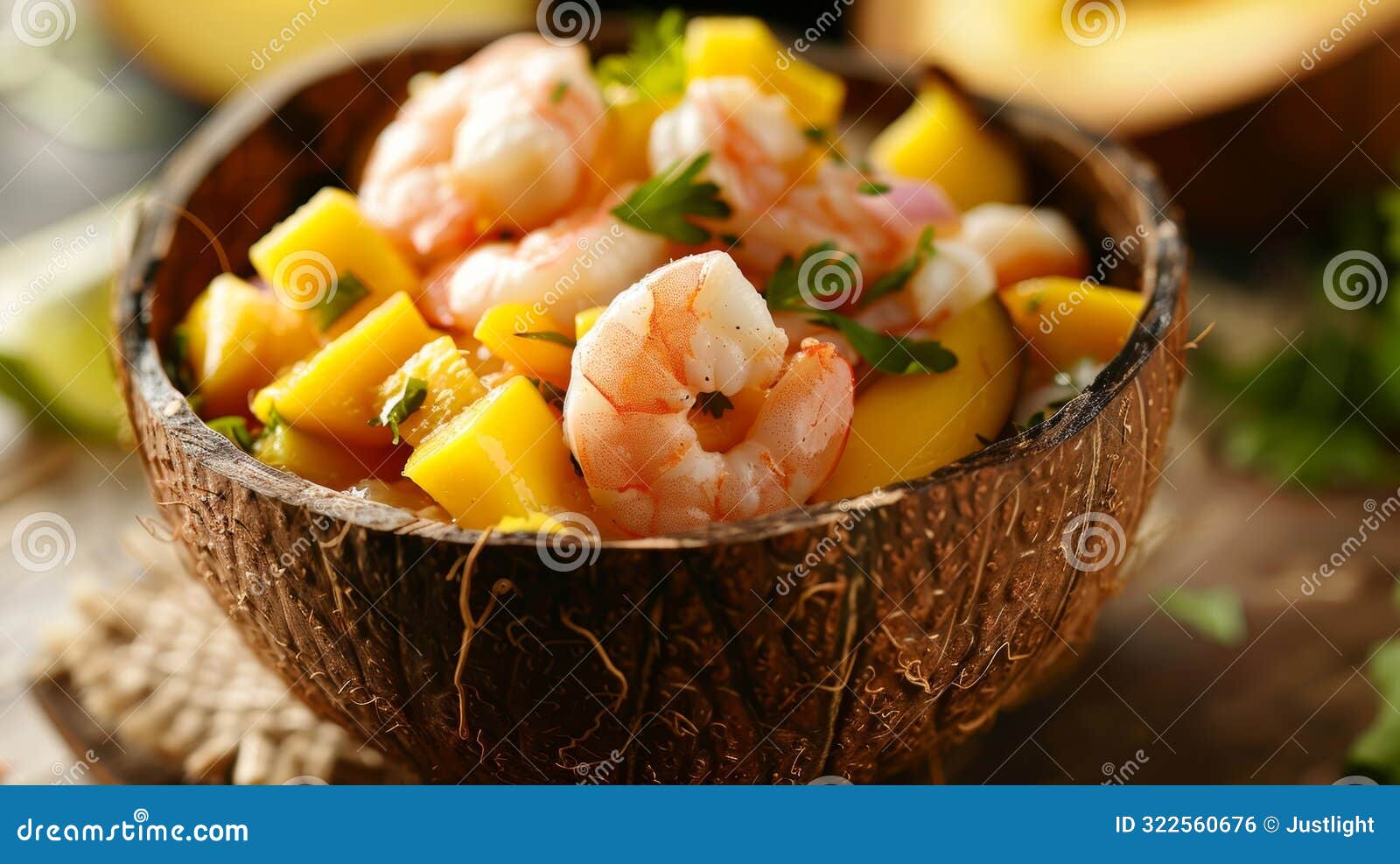 A Refreshing Shrimp and Mango Ceviche Served in a Coconut Shell Stock ...