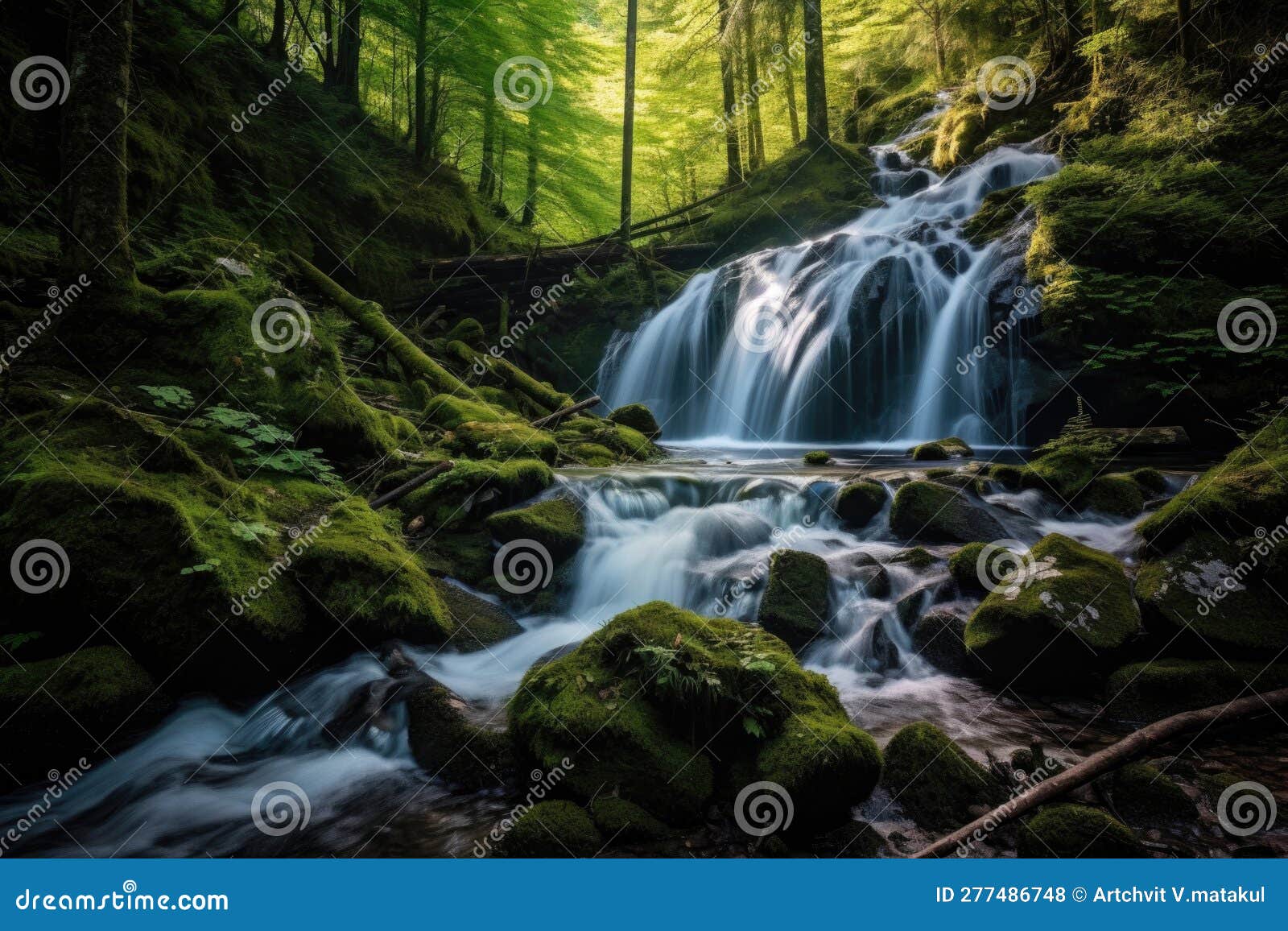 Refreshing Waterfall in Lush Forest Stock Illustration - Illustration ...