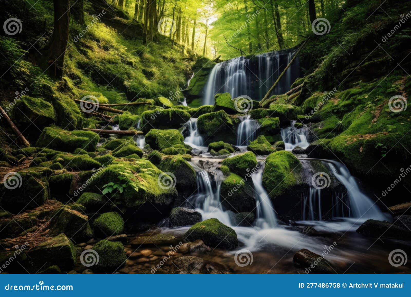 Refreshing Waterfall in Lush Forest Stock Illustration - Illustration ...