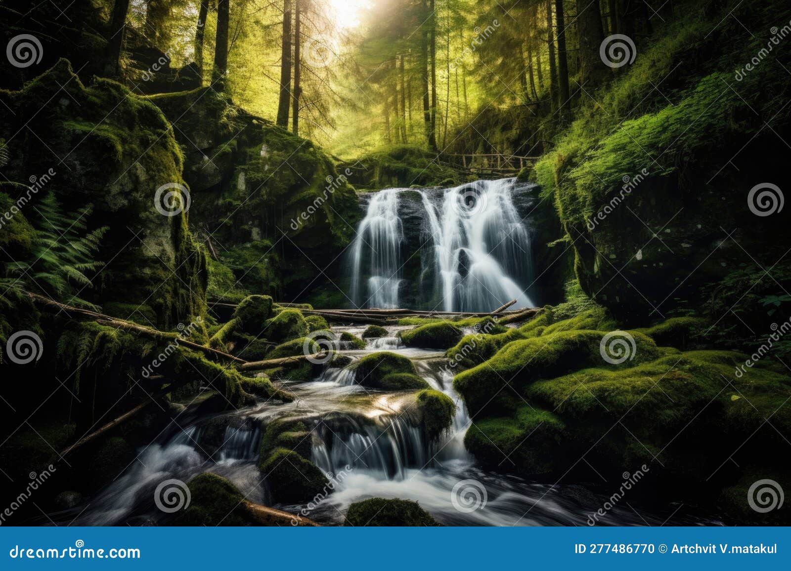 Refreshing Waterfall in Lush Forest Stock Illustration - Illustration ...