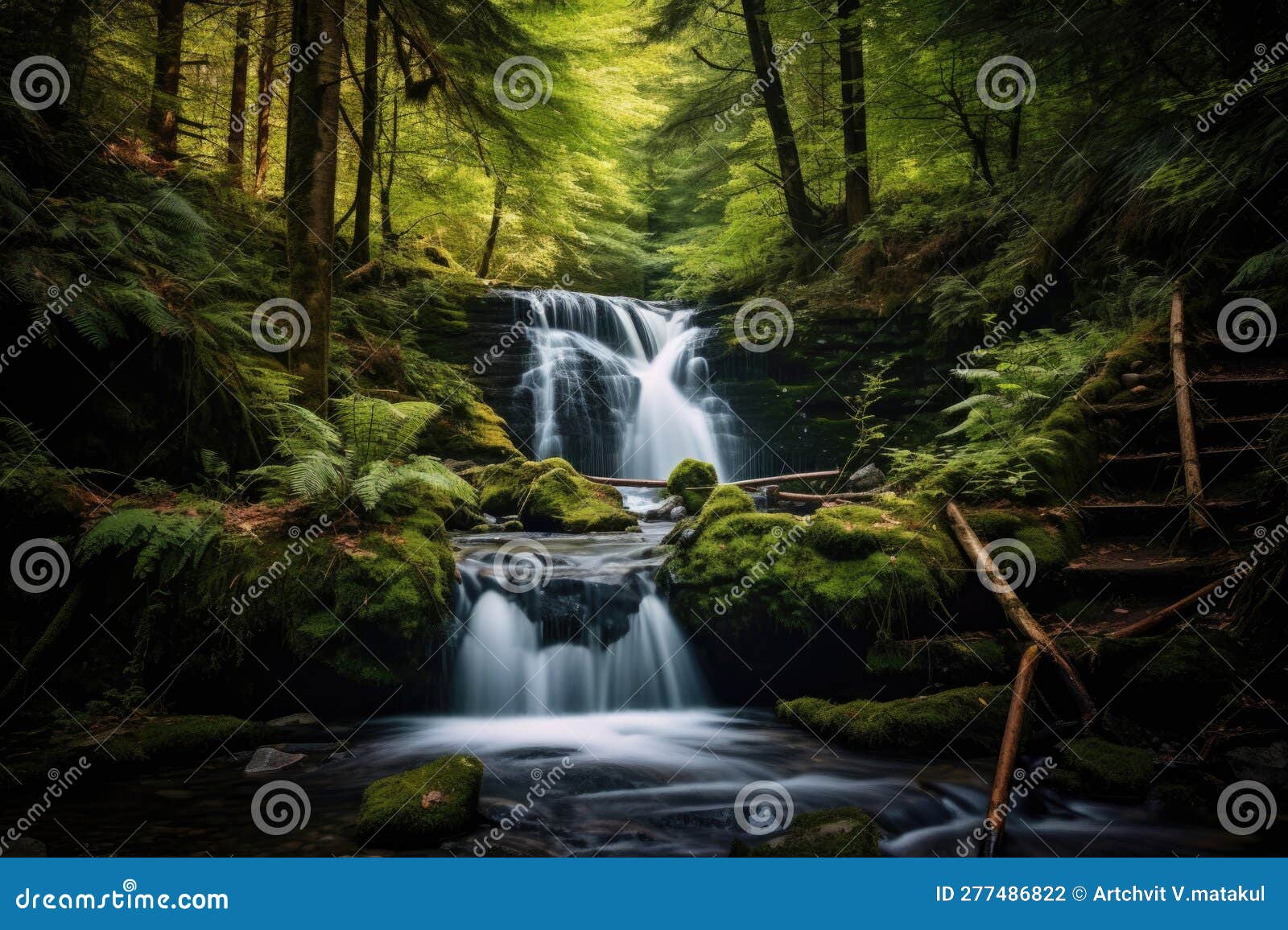 Refreshing Waterfall in Lush Forest Stock Illustration - Illustration ...