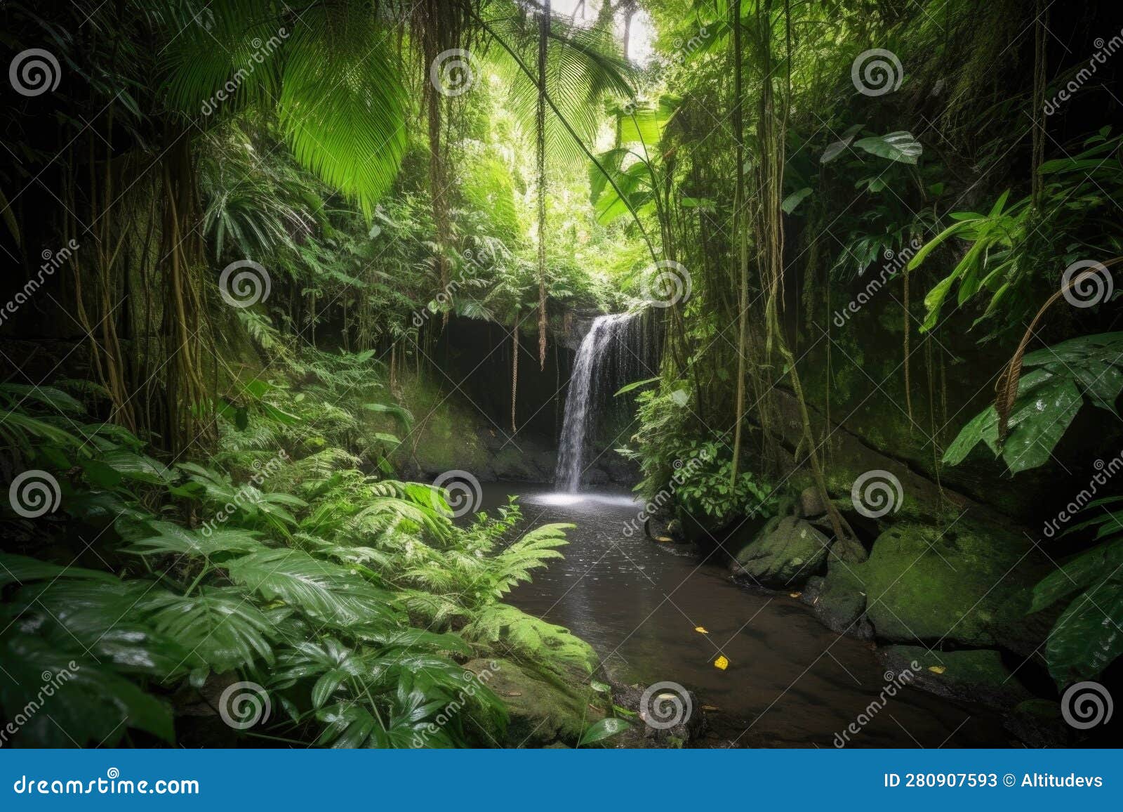 Refreshing Waterfall, Surrounded by Lush Greenery, in Tropical Forest ...