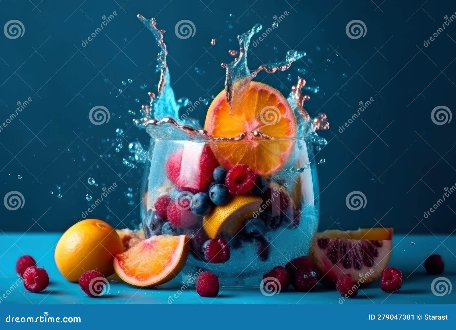 Refreshment Fruit Cocktail with Orange, Lemon, Raspberry, Blueberry and ...