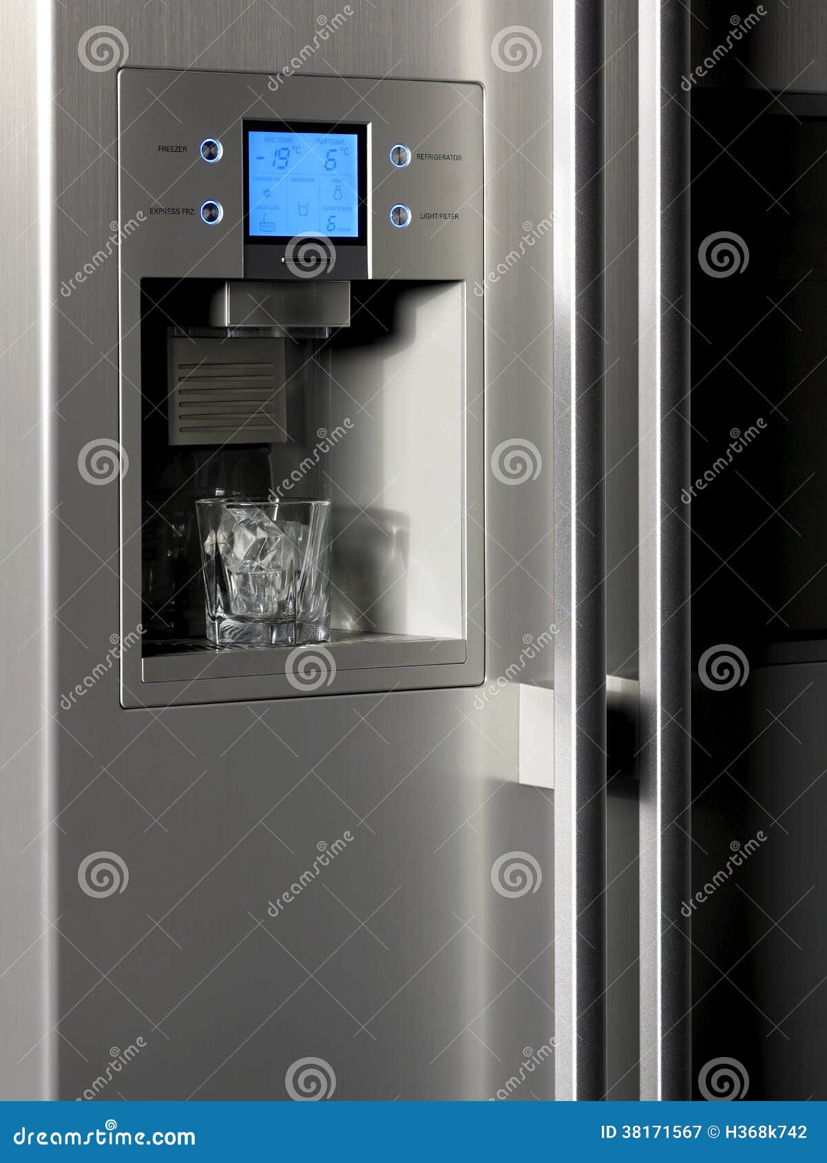 Refrigerator Control Display and Ice Dispenser with Glass Stock Image ...