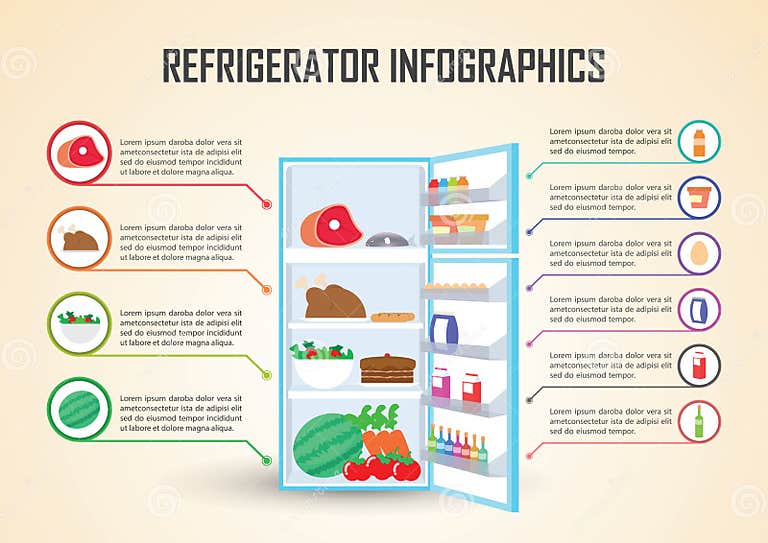 Refrigerator with Food Icons Infographic Elements Stock Vector ...