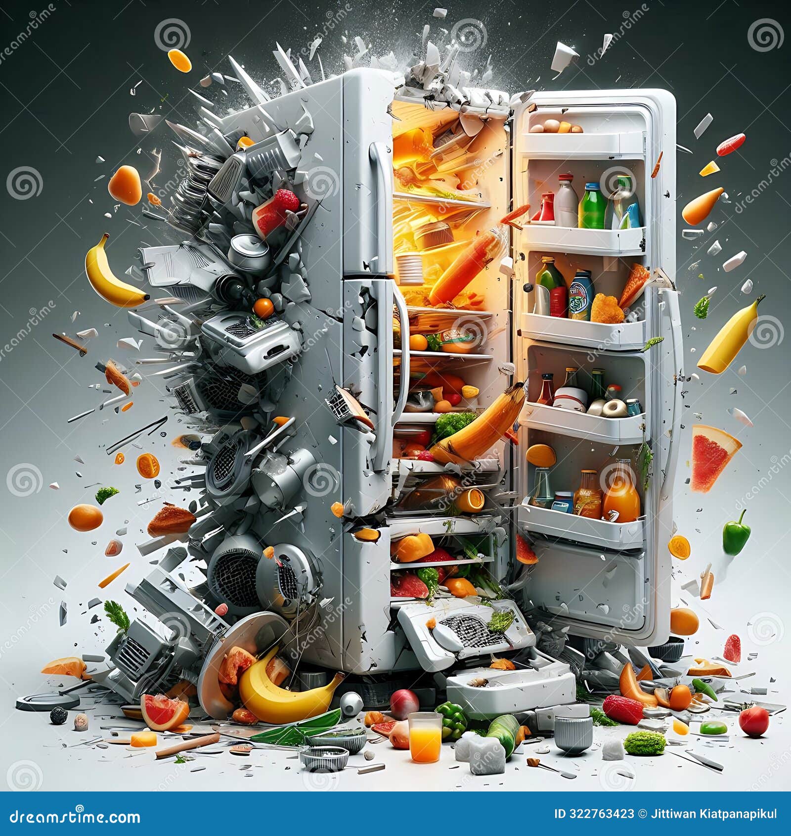 A Refrigerator with Freezing Food Exploding, Abstract Explosion Concept ...