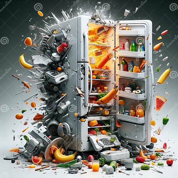 A Refrigerator with Freezing Food Exploding, Abstract Explosion Concept ...