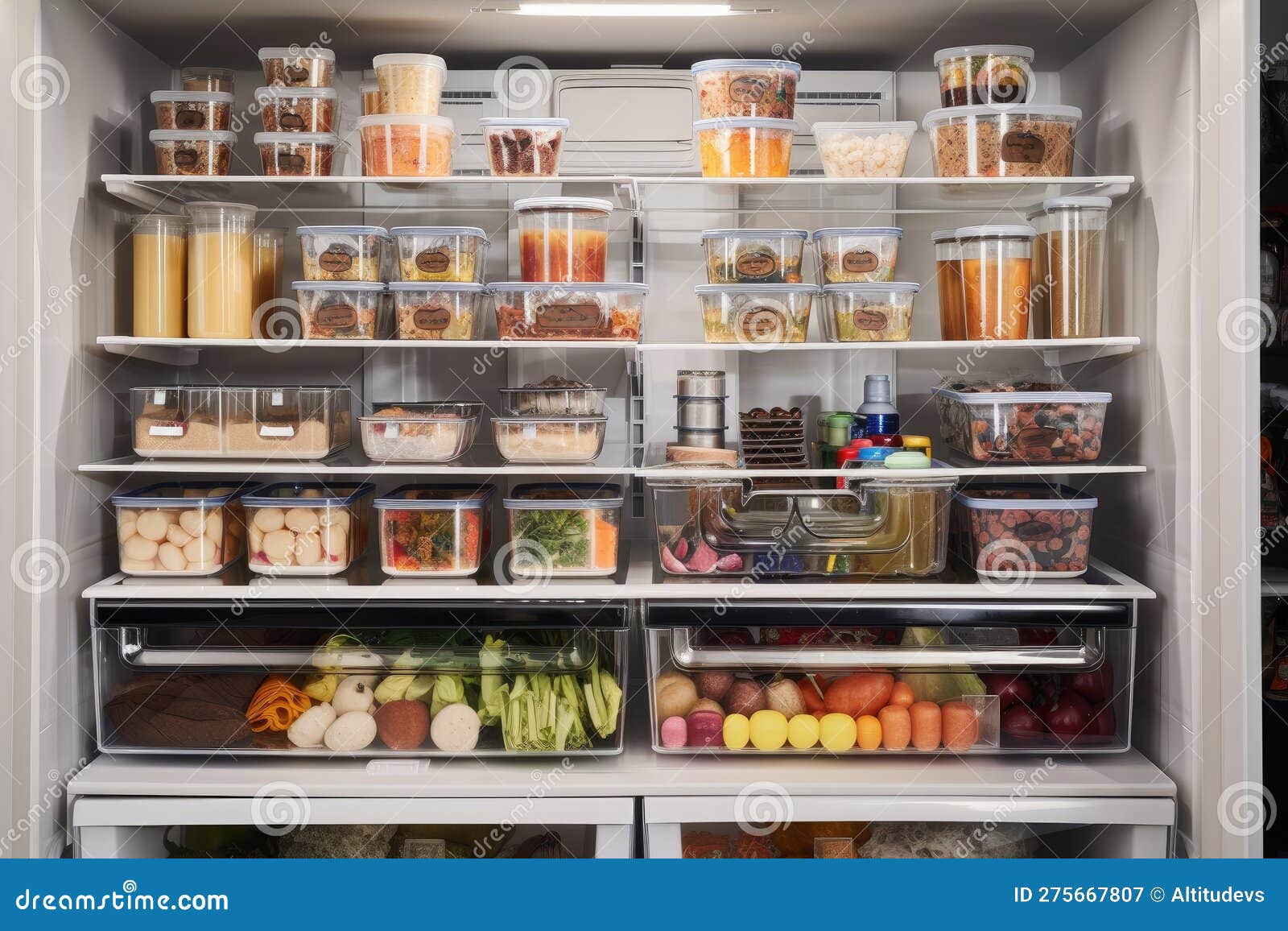 Refrigerator with Multiple Bins and Labels for Food Storage Stock Image ...