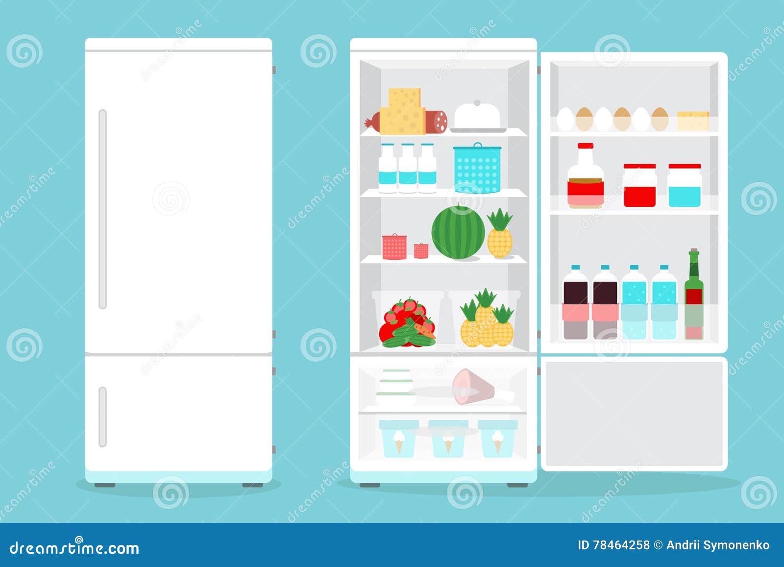 Fridge. Open Empty Refrigerator And With Products, Healthy Food Water ...