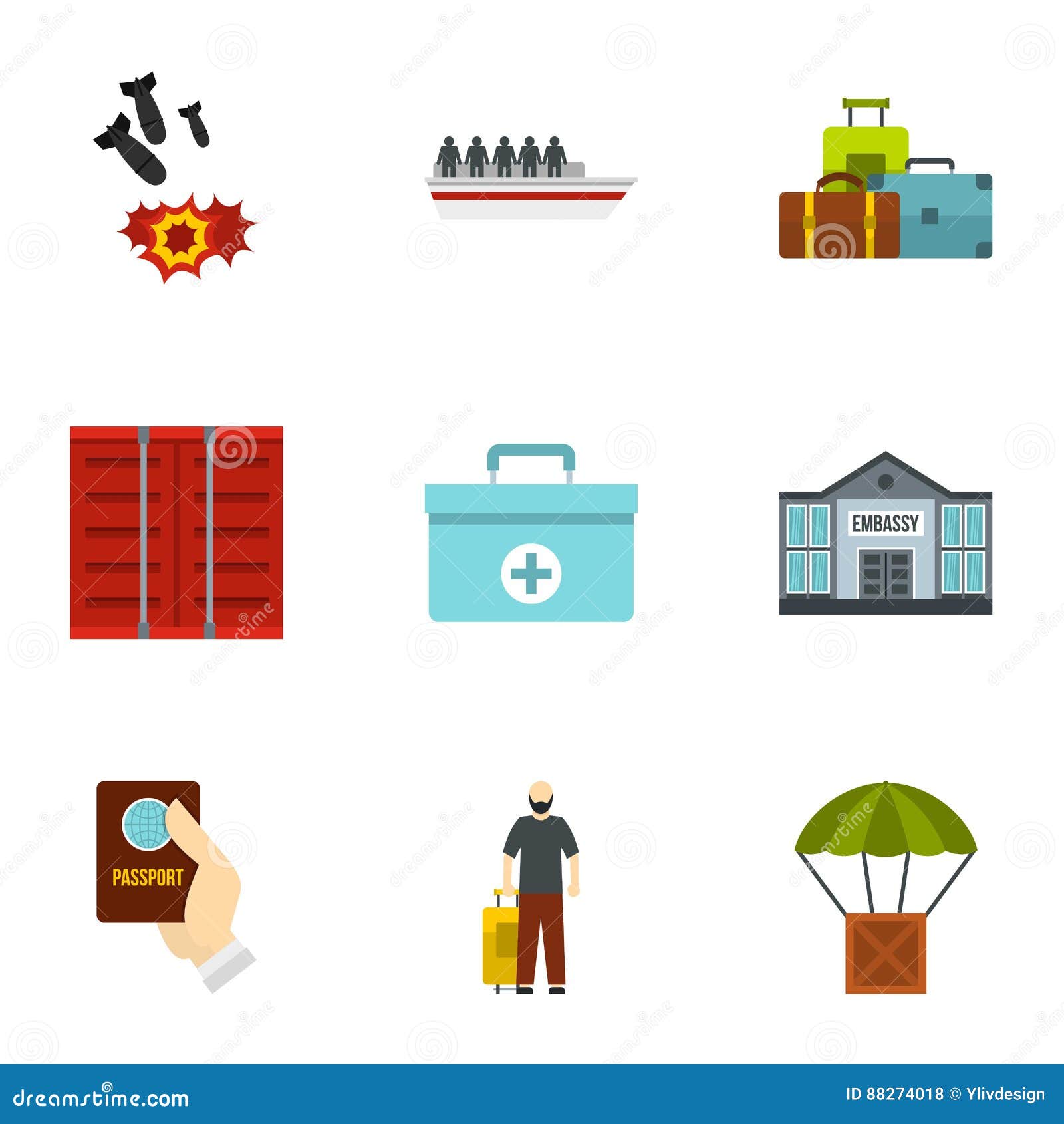 Refugee Icons Set, Flat Style Stock Vector - Illustration of parachute ...