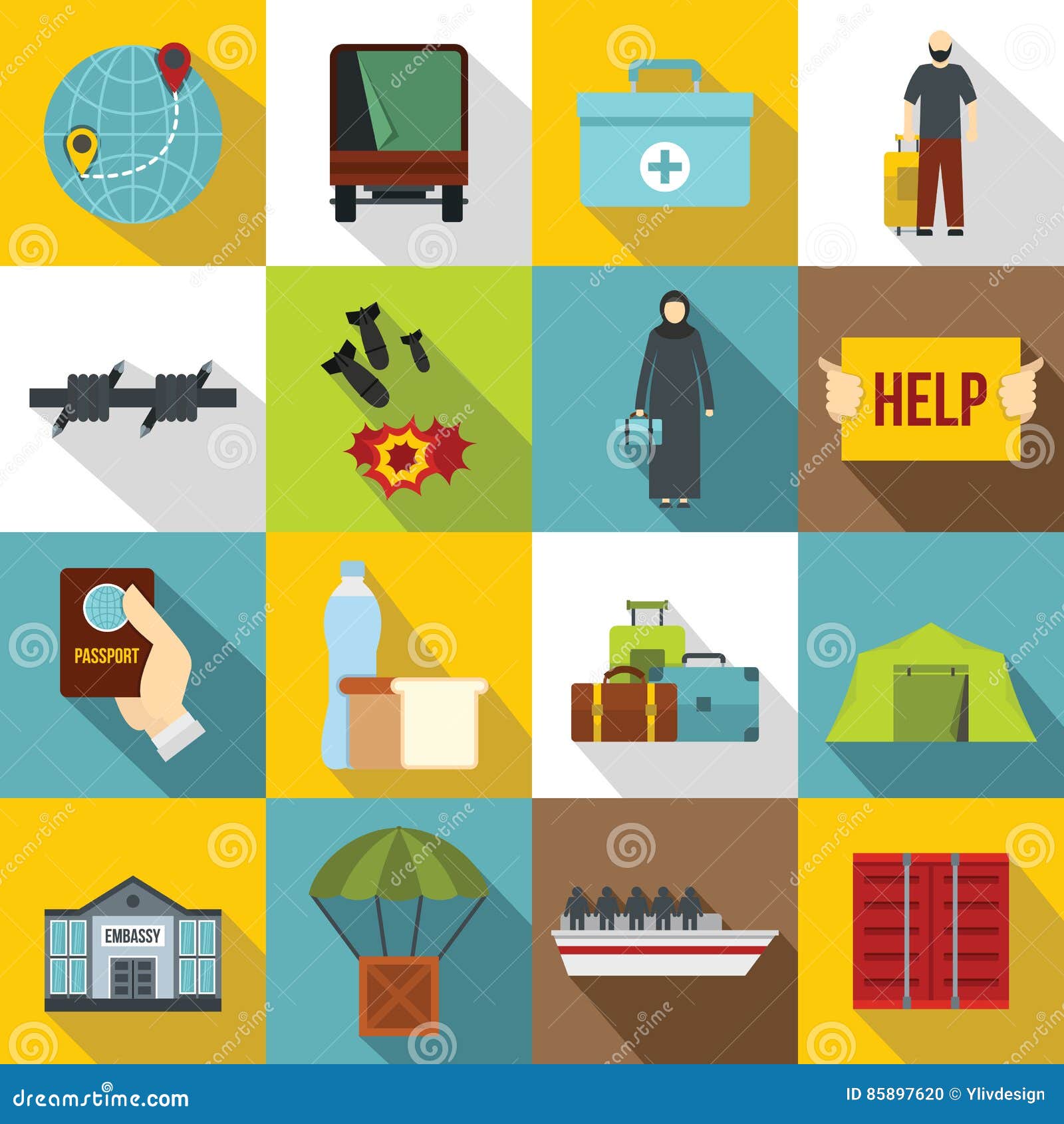 Refugees Problem Icons Set, Flat Style Stock Vector - Illustration of bomb, housing: 85897620