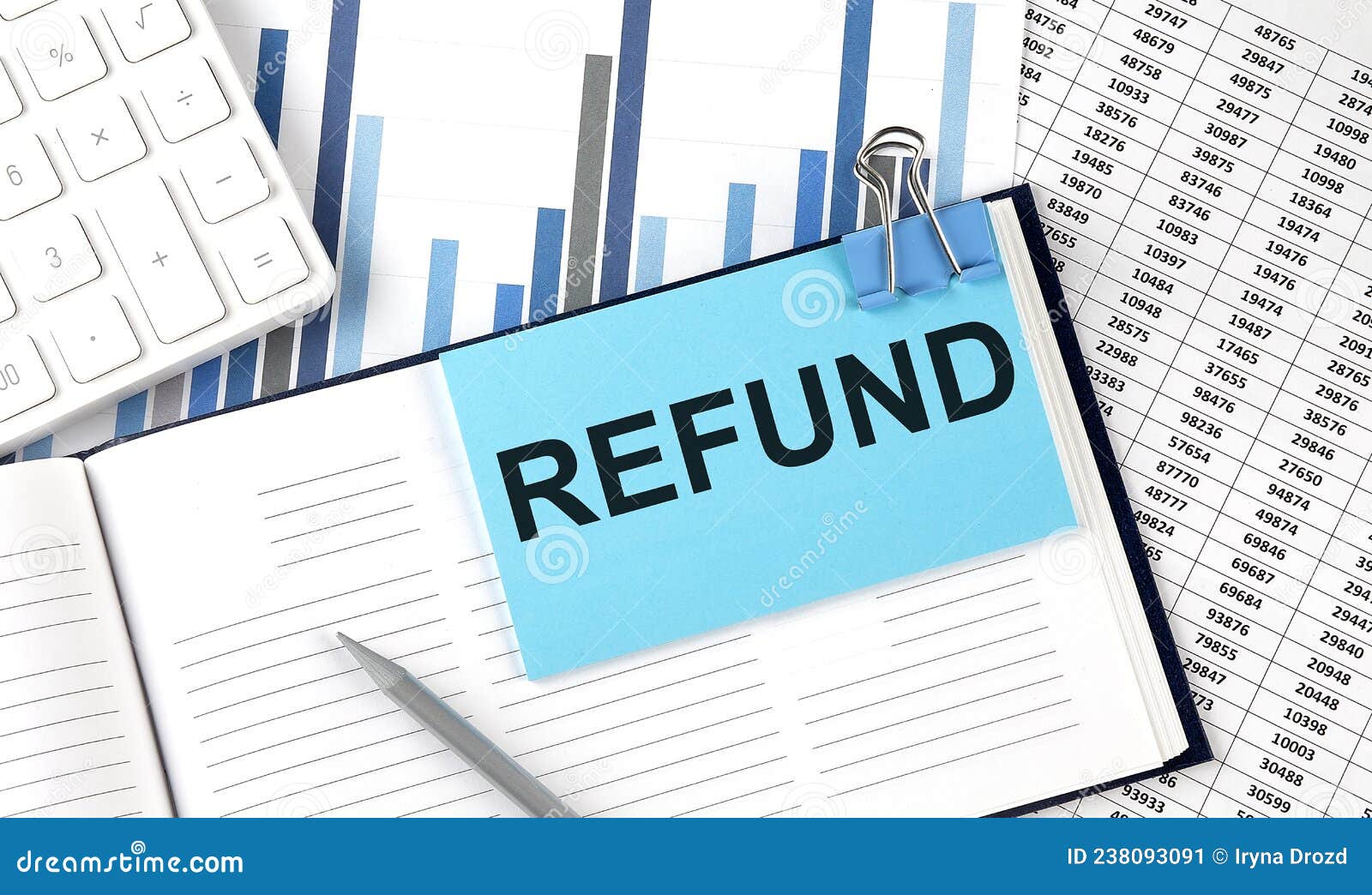 REFUND Text on Blue Sticker on the Chart Background Near Calculator ...