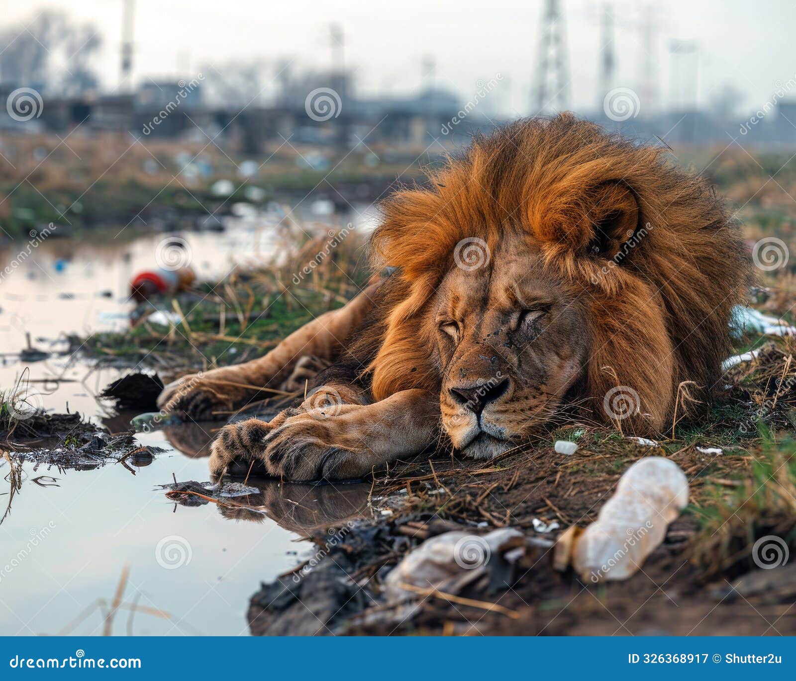 A Regal Lion Resting in a Polluted Savanna Stock Illustration ...