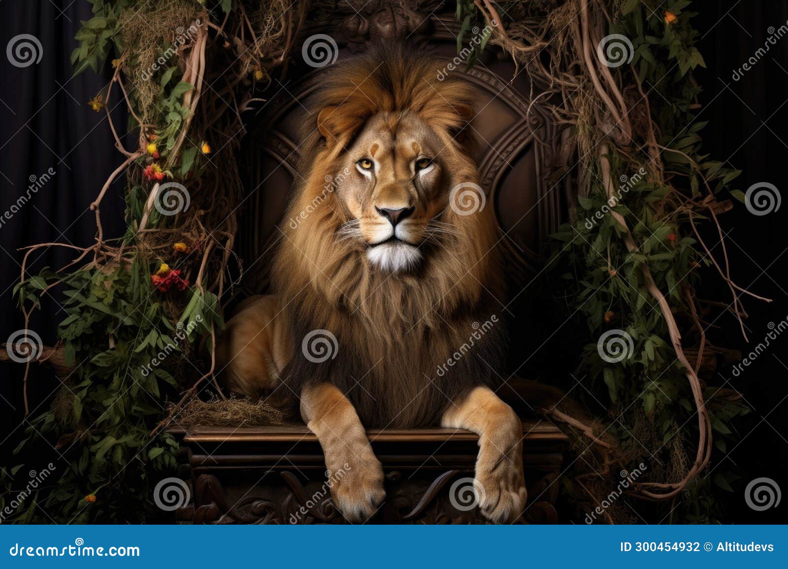 A Regal Lion on a Throne Made of Tree Branches, Surrounded by a Pride ...
