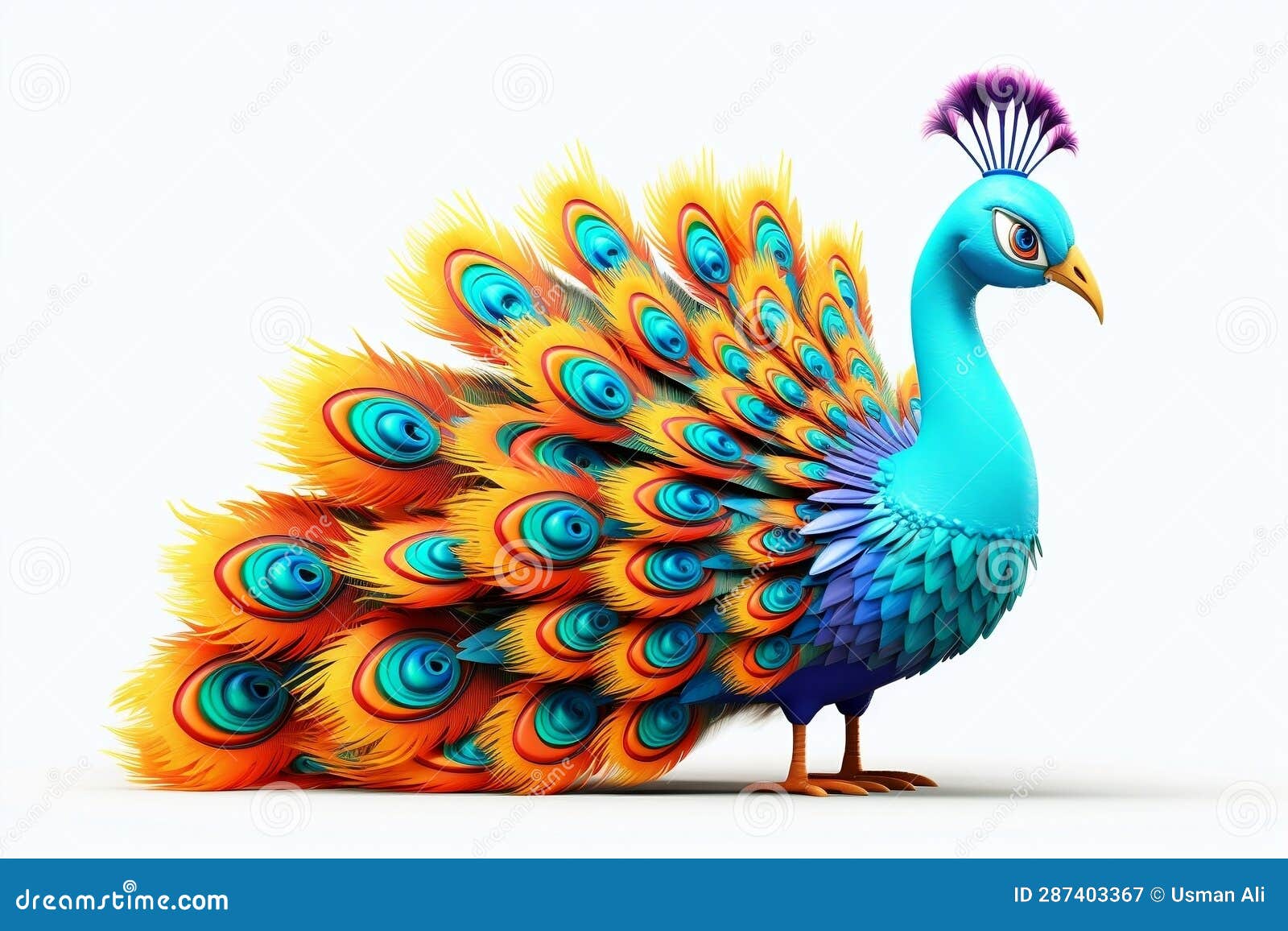 Regal Peacock Cartoon Character with Vibrant Feather Patterns on ...