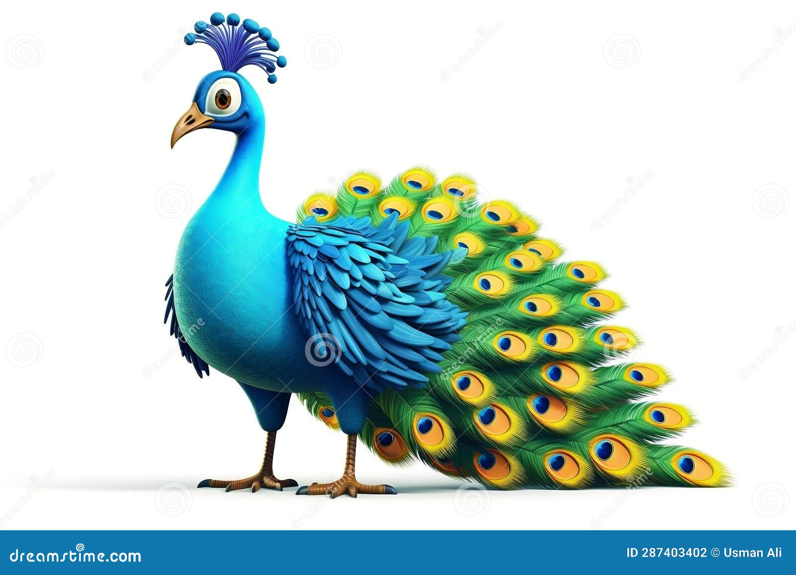 Regal Peacock Cartoon Character with Vibrant Feather Patterns on ...