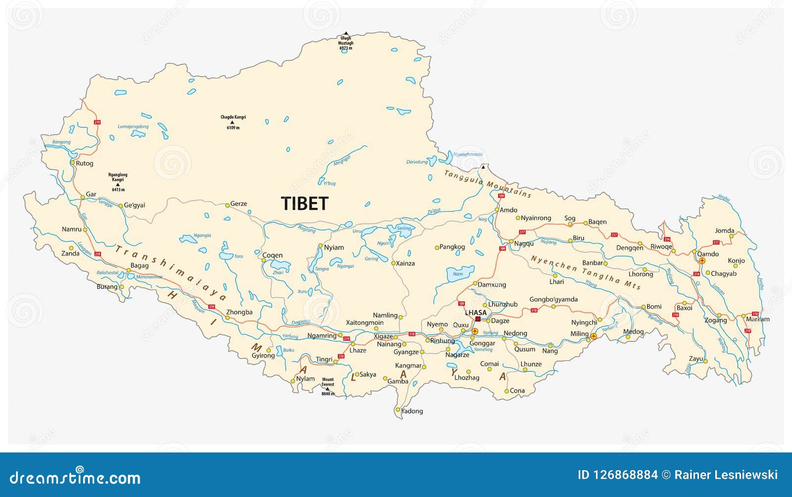 A Região De Tibet Com Cidades Importantes E As Estradas Vector O Mapa ...