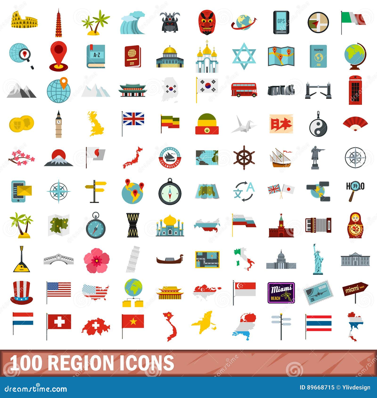 100 Region Icons Set, Flat Style Editorial Image - Illustration of ...