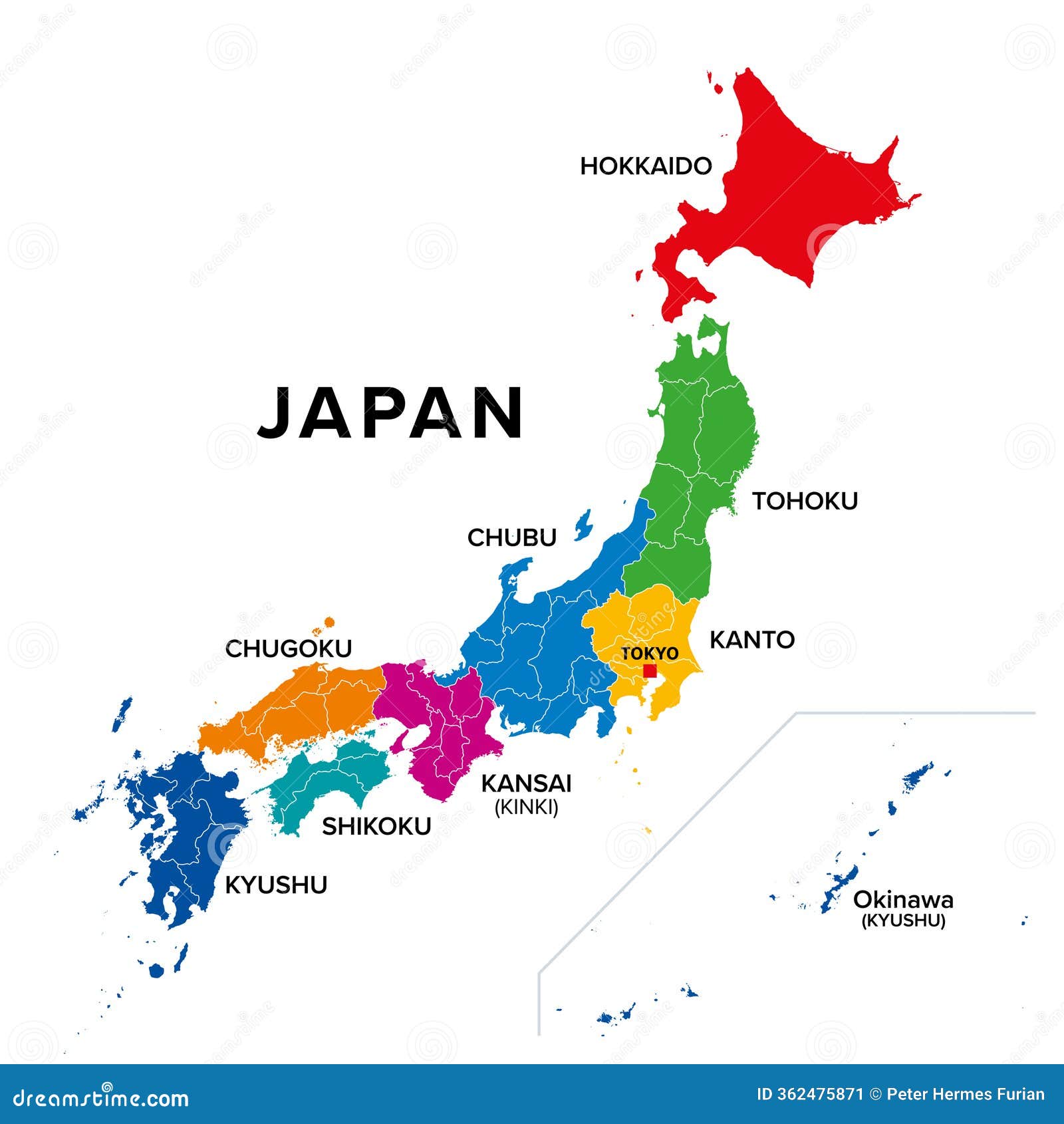 Regions Of Japan, Multi Colored Political Map Over Black Cartoon Vector ...