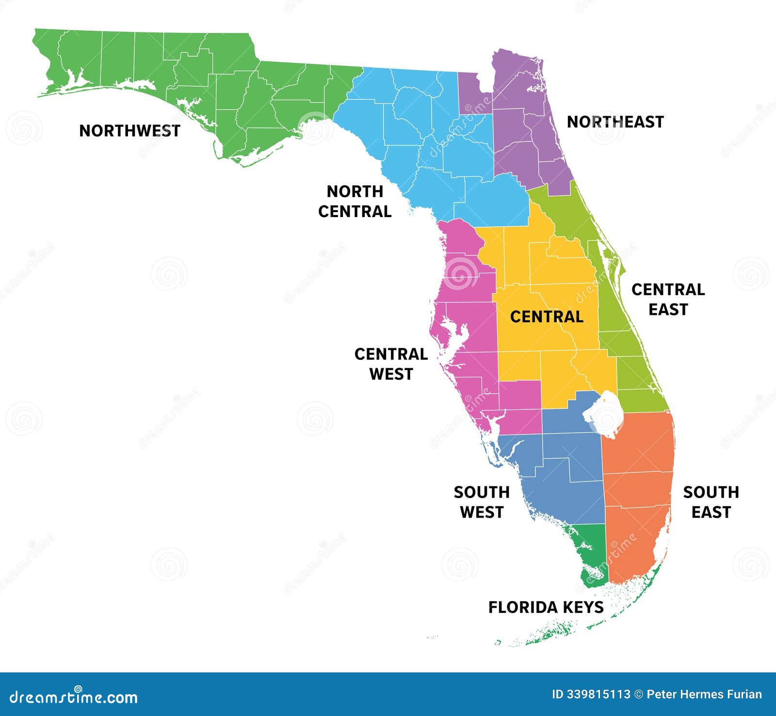 Regions Of U.S. State Florida, Multi Colored Map With Major Cities ...