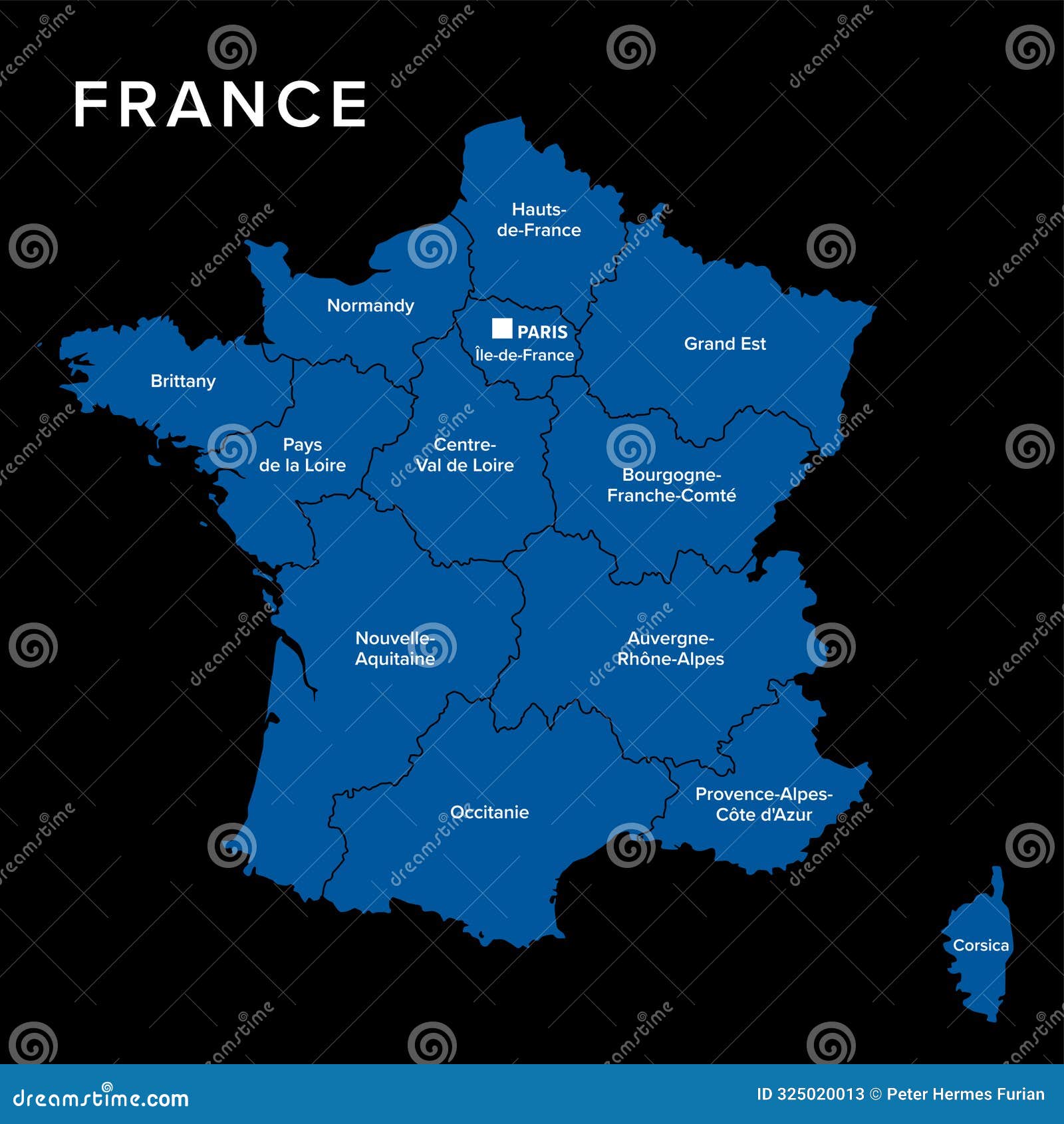 France, Dark Political Map with Regions of Metropolitan France Stock ...