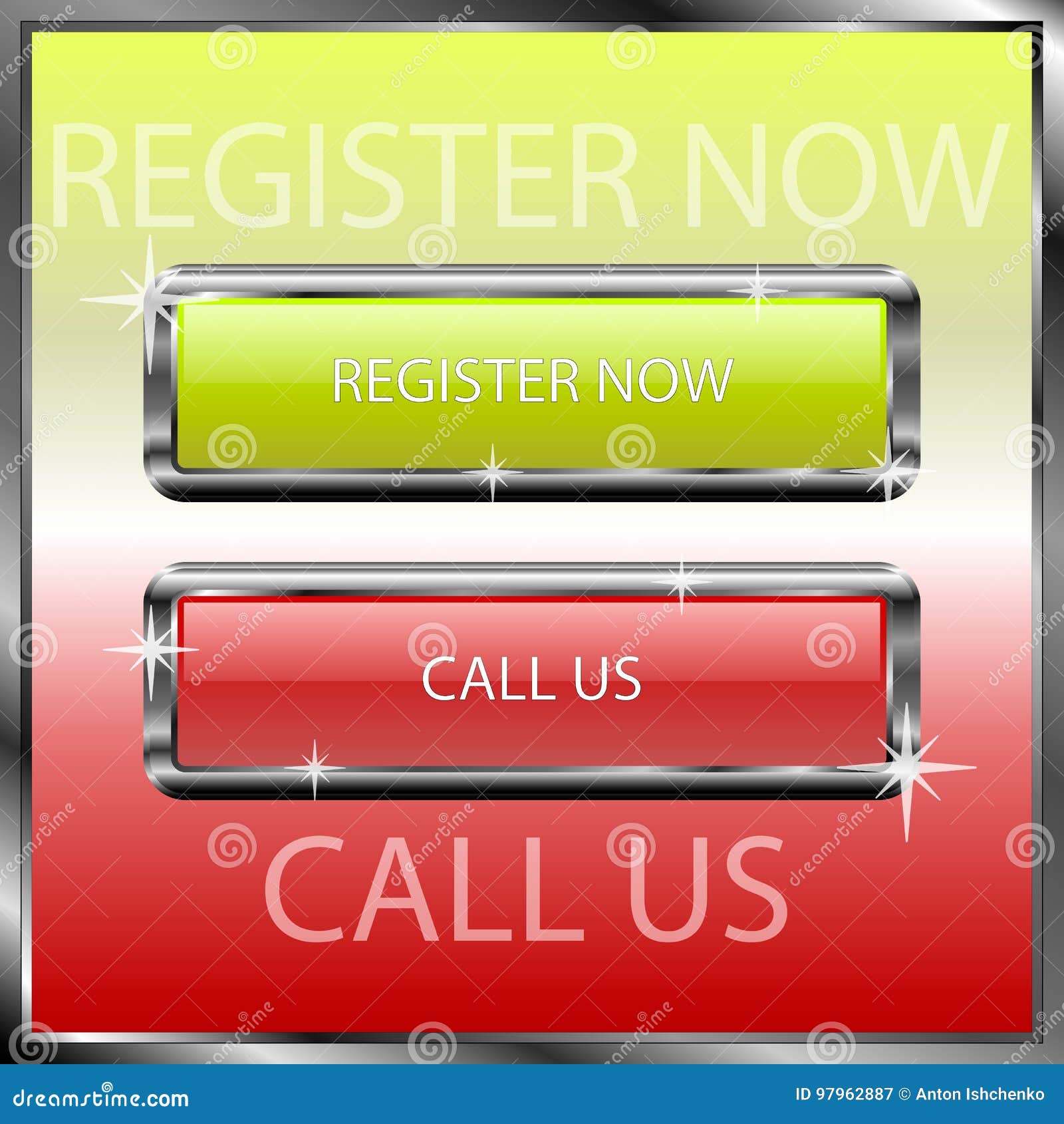 Register Now and Call Us Buttons on a Color Reflective Surface Stock ...