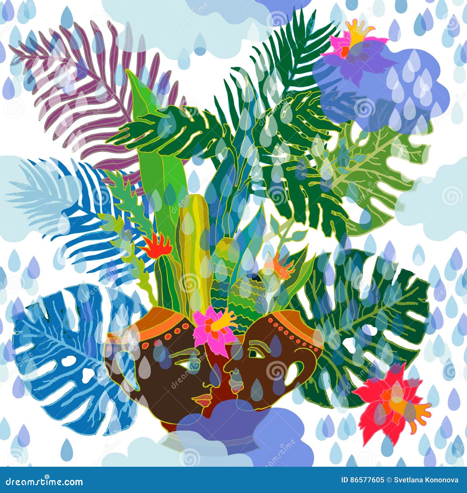 Regn i tropisk skog vektor illustrationer. Illustration av handflatan ...