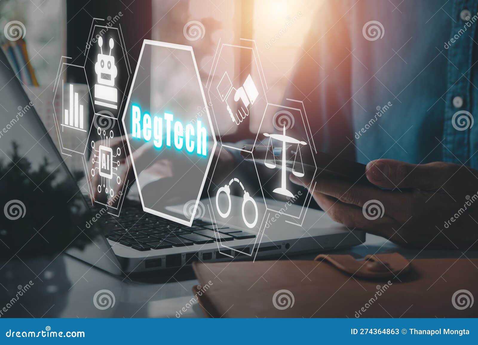 Person Working on Laptop Computer with RegTech Icon on Virtual Screen ...