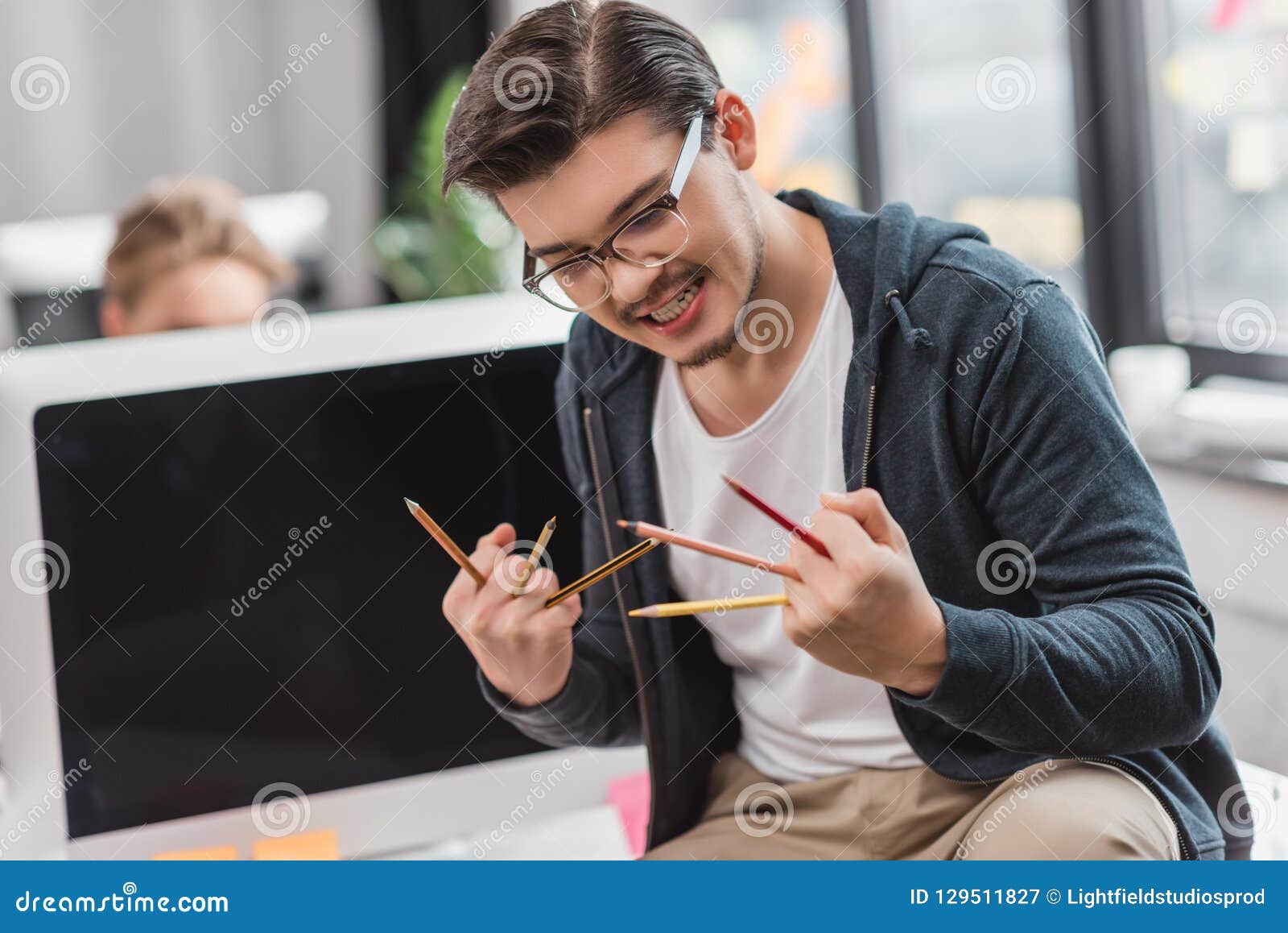 Regular Office Worker with Mustache Looking at His Hands and Dreaming ...