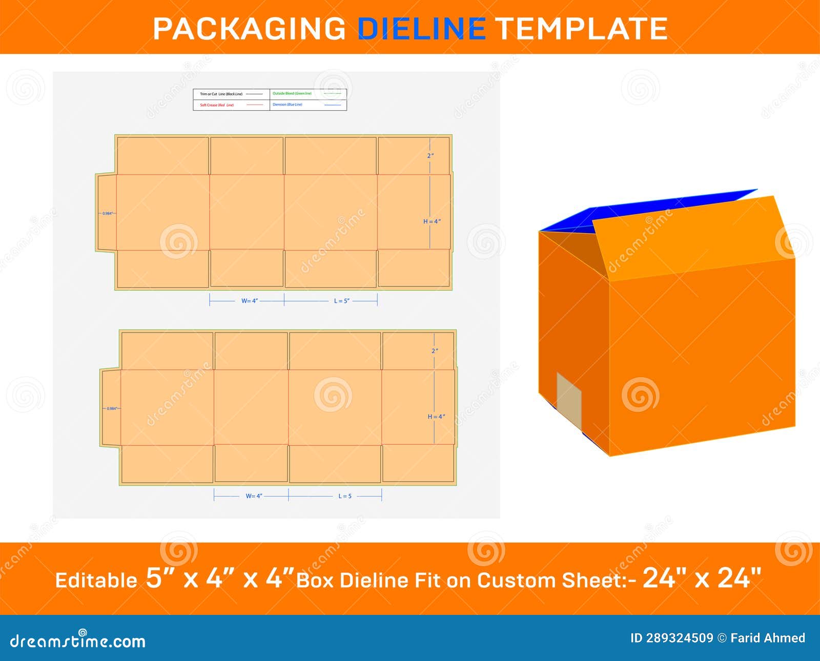 Regular Slotted Container RSC Box, Die Line Template, 5x4x4 Stock ...