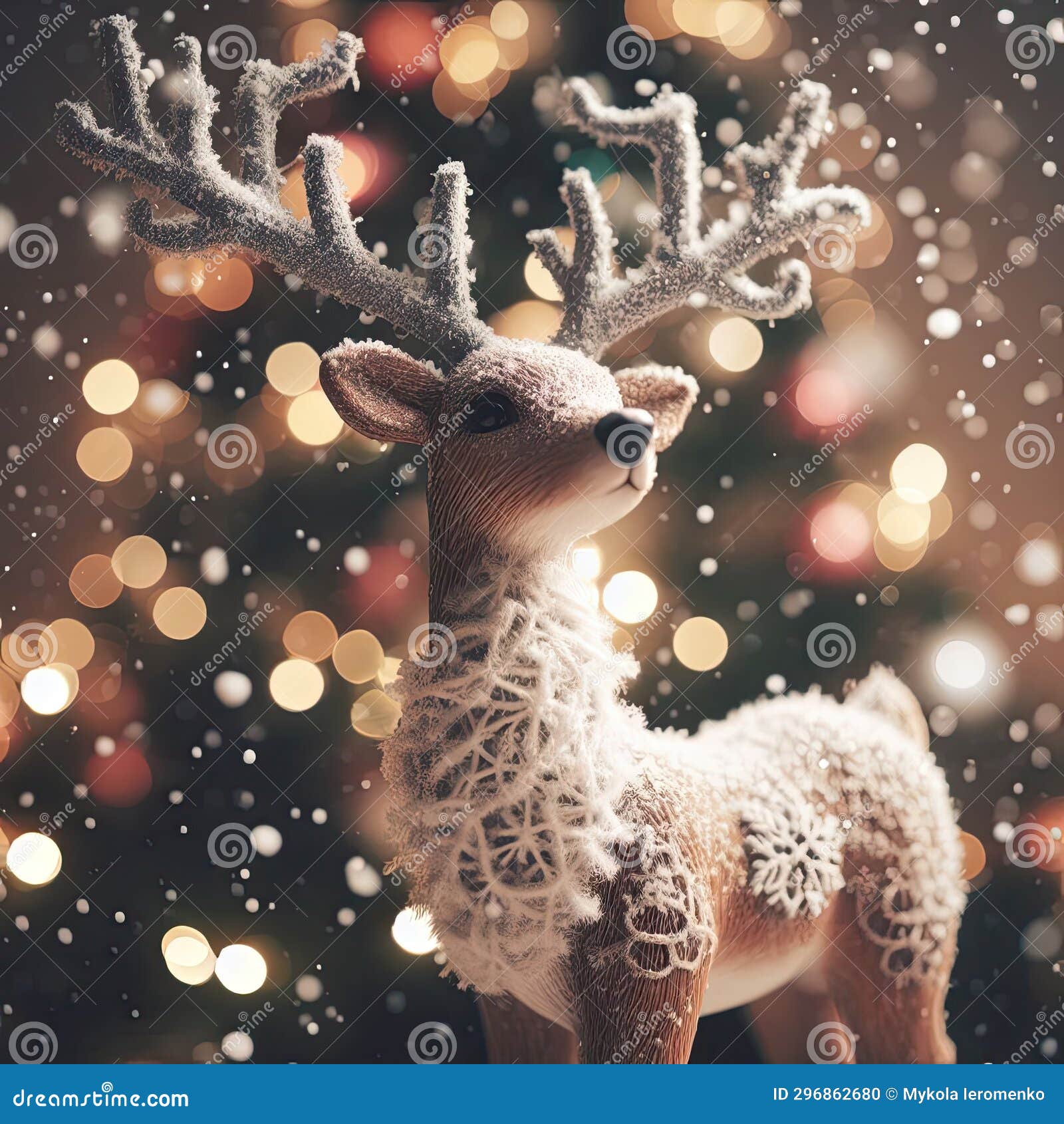 Reindeer Against a Backdrop of Christmas Lights and Falling Snow. Stock ...