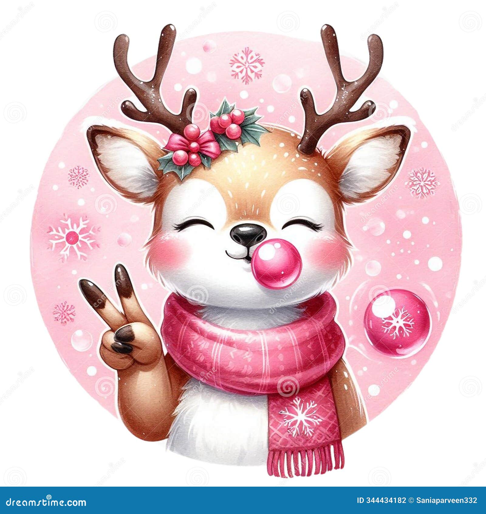 Reindeer Blowing Bubble. Cute Pink Christmas Reindeer Stock ...