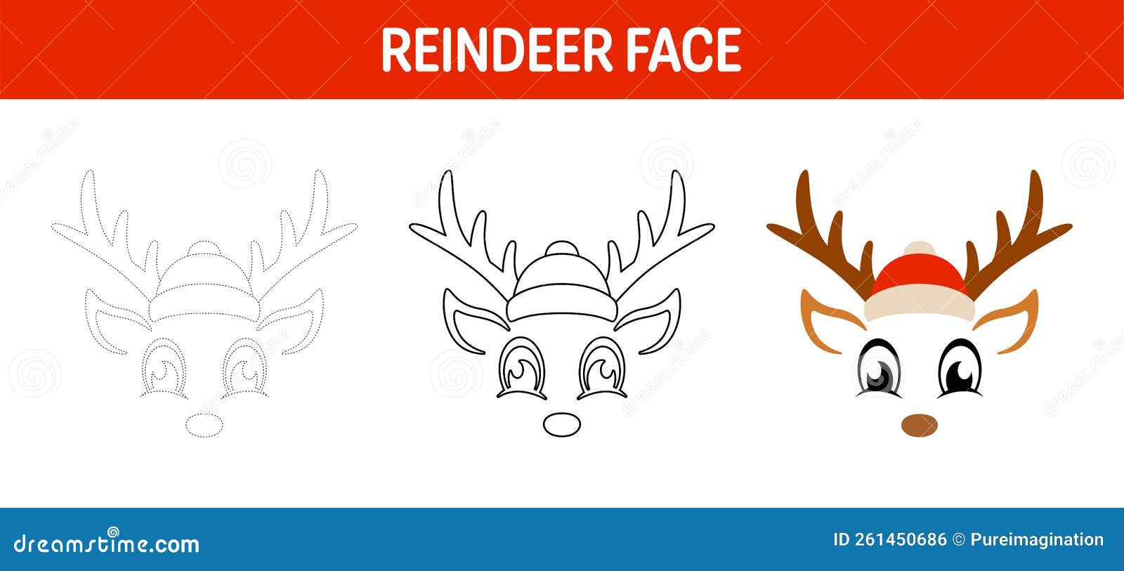 Reindeer Face Tracing and Coloring Worksheet for Kids Stock Vector ...