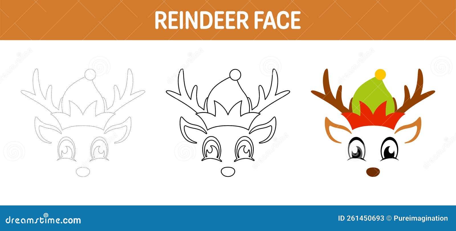 Reindeer Face Tracing and Coloring Worksheet for Kids Stock Vector ...