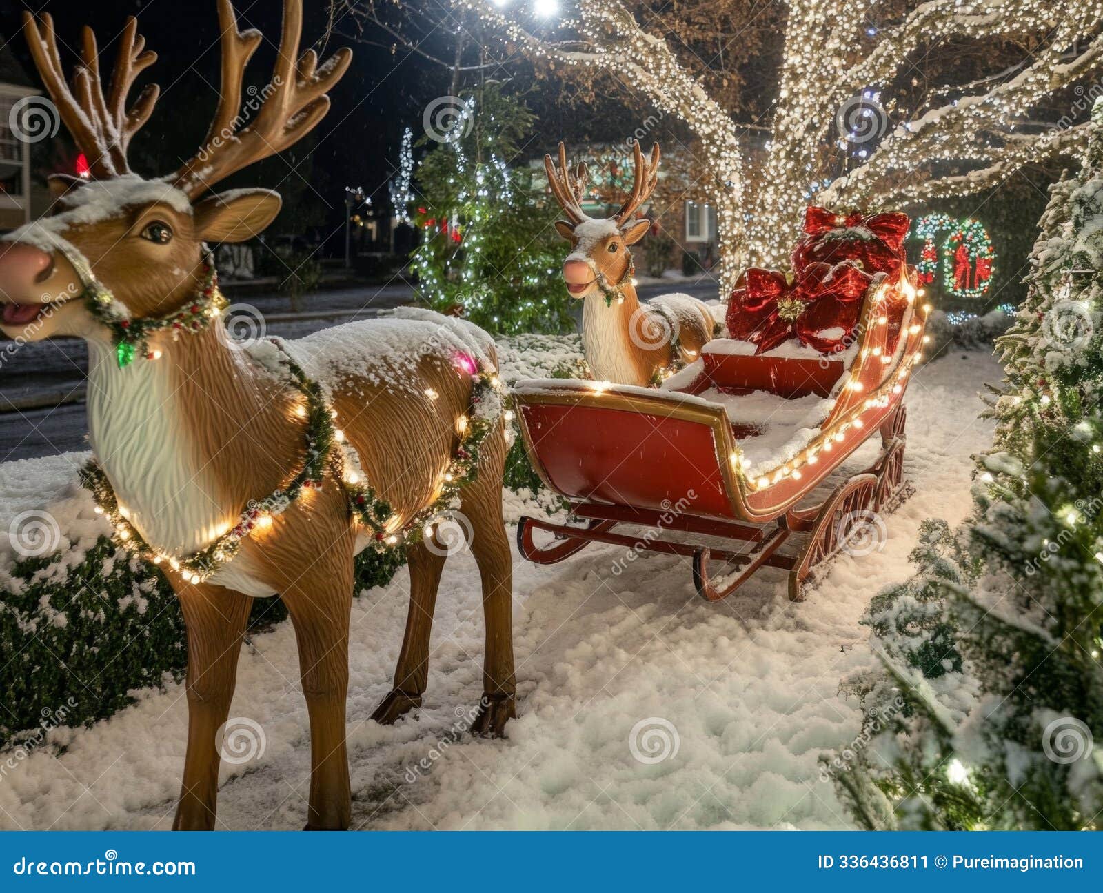 Reindeer Pulling a Sleigh through a Snowy Landscape Stock Illustration ...