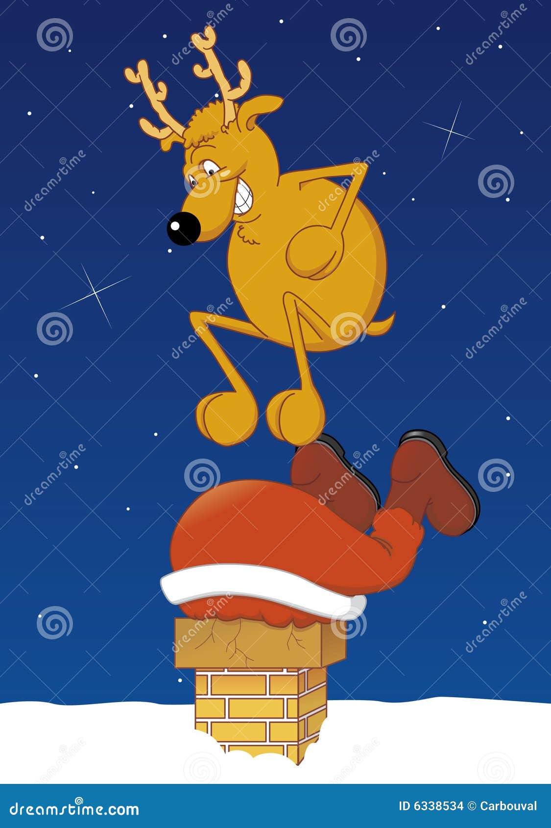 Reindeer Pushes Stuck Santa in the Chimney Stock Vector - Illustration ...