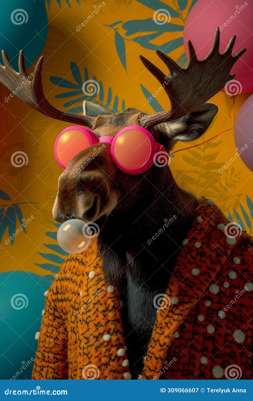Reindeer is Wearing Sunglasses and Blowing Bubble with Chewing Gum ...