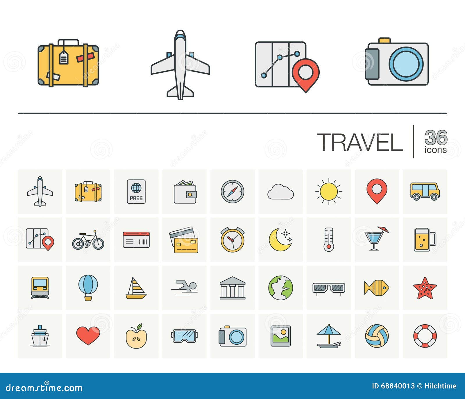 Reise- Und Tourismusfarbvektorikonen Vektor Abbildung - Illustration ...