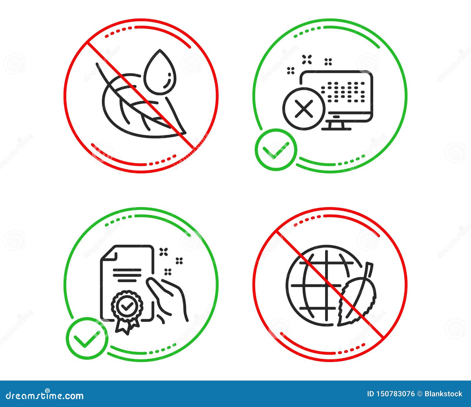Reject Access, Leaf Dew and Certificate Icons Set. Environment Day Sign ...