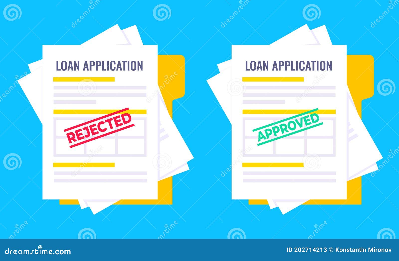 Rejected and Approved Credit or Loan Forms Set with Claim Form on it, Paper Sheets Isolated on ...