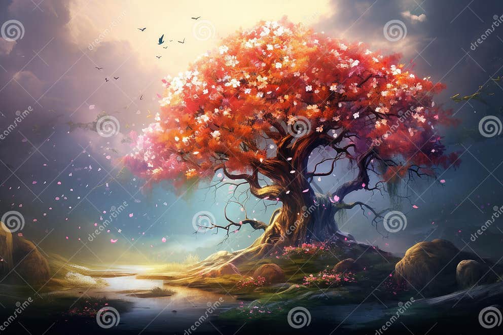 Rejuvenating Spring Magic Tree. Generate Ai Stock Illustration - Illustration of design, green ...