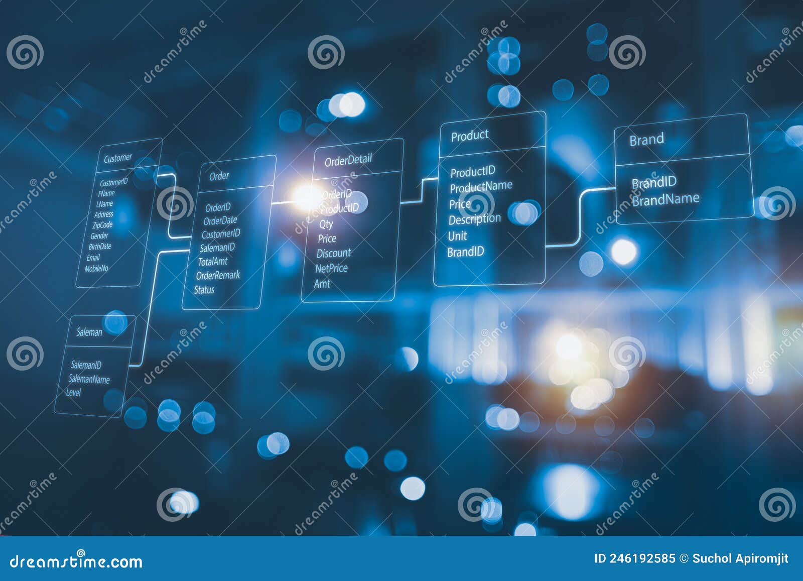 Relational Database Tables with Server Room and Datacenter Background ...