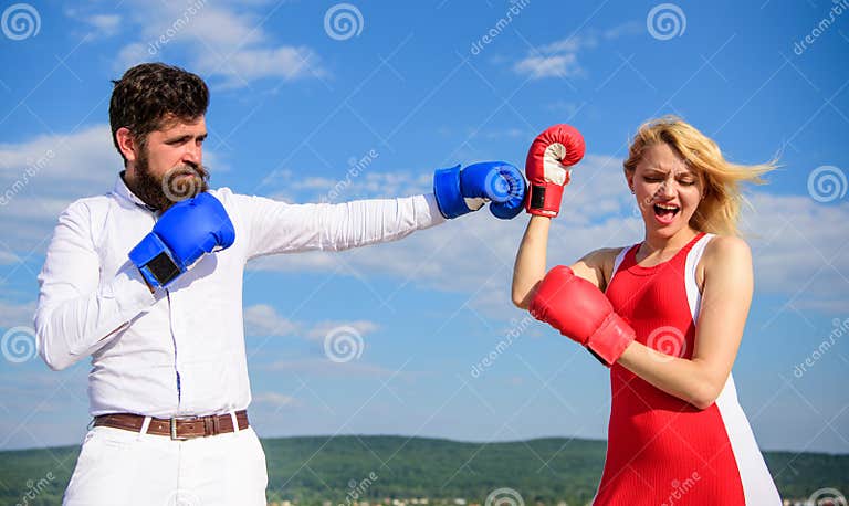 Relations As Struggle Concept Man And Woman Fight Boxing Gloves Blue