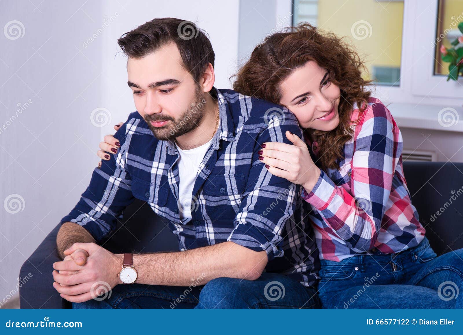 Relationship Concept Young Couple After Quarrel Sitting On Sofa Stock
