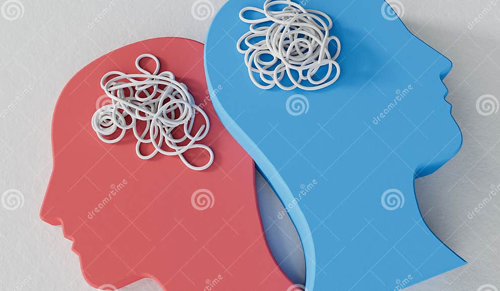 Relationship Issues. Two Heads with Complex Tangled Brain Stock ...