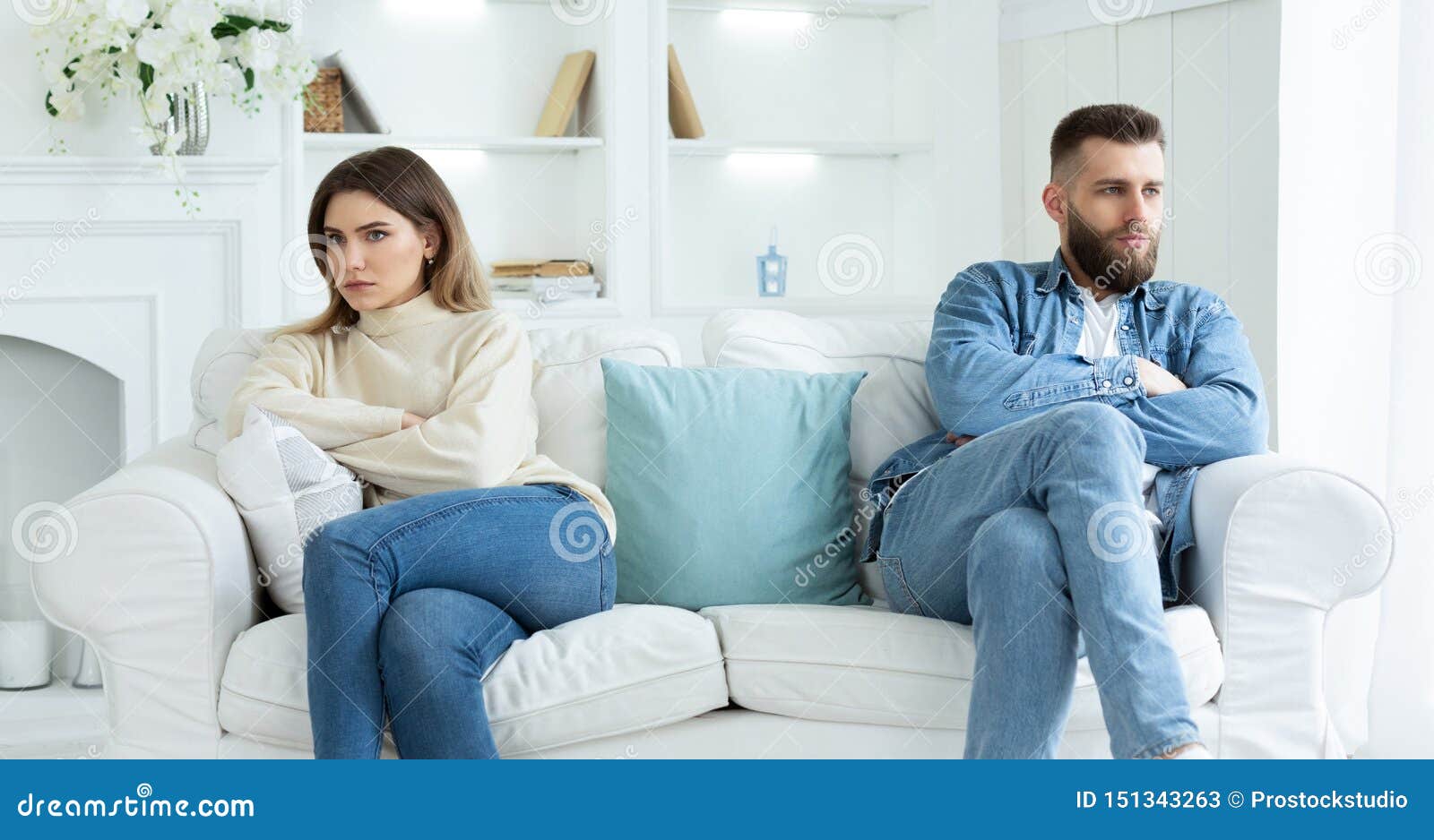 Relationship Problems Couple Sitting On Different Sides Of Couch Stock